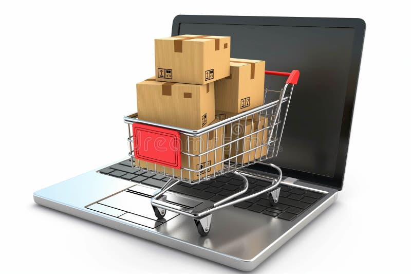 Online Shopping Concept with Cart Full of Boxes on Top of Laptop ...