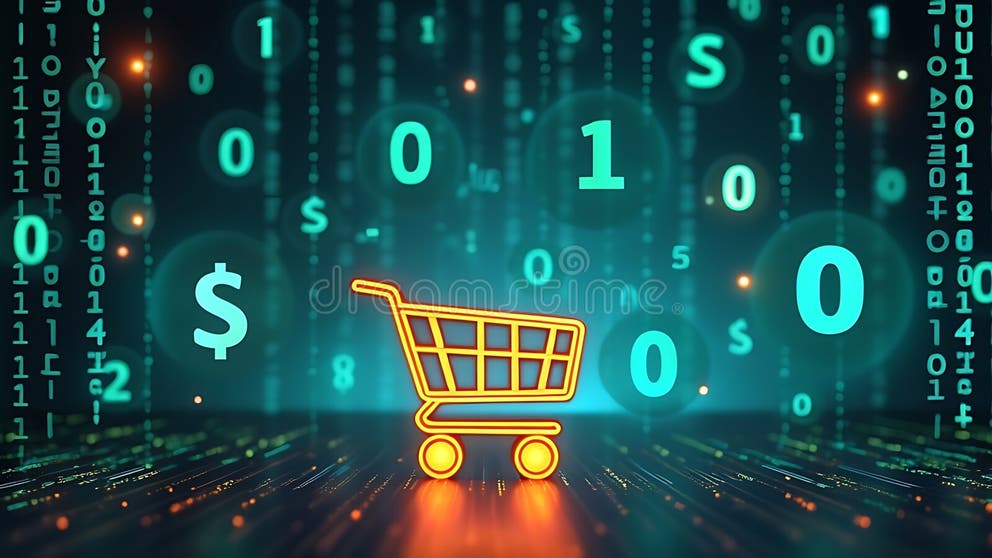 Online Shopping Concept with a Glowing Binary Code Background ...