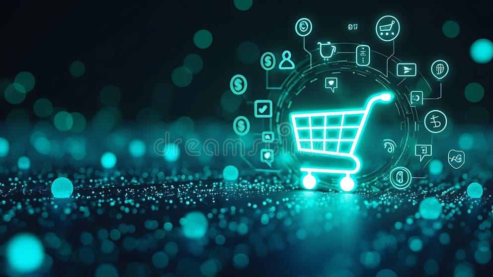 Online Shopping Concept with a Glowing Binary Code Background ...