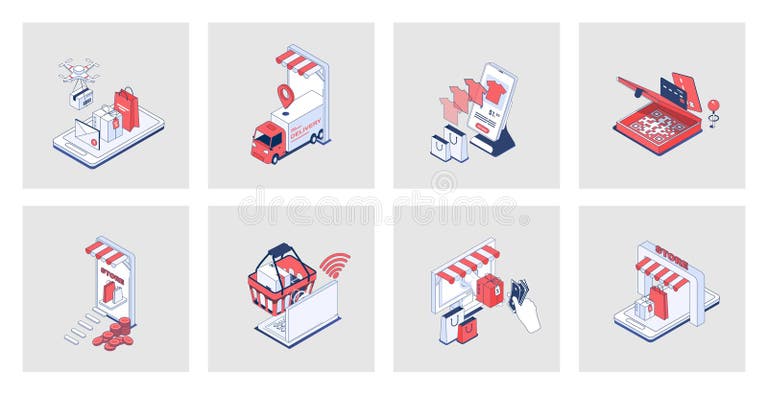 Online Shopping Concept of Isometric Icons in 3d Isometry Design for ...