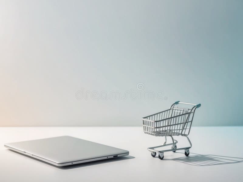 Online Shopping Concept with Mini Shopping Cart and Laptop. Stock Image ...