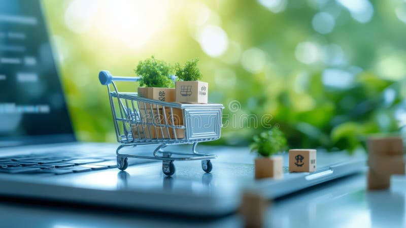 Online Shopping Concept with Miniature Cart Stock Illustration ...