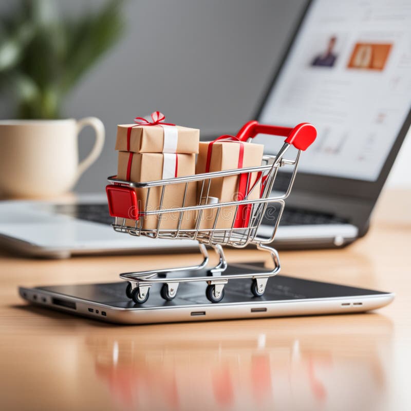 Online Shopping Concept with Miniature Shopping Cart Generated by ...