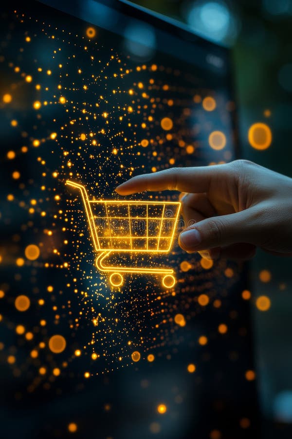Online Shopping Concept, Person Touching Shopping Cart Icon on Virtual ...