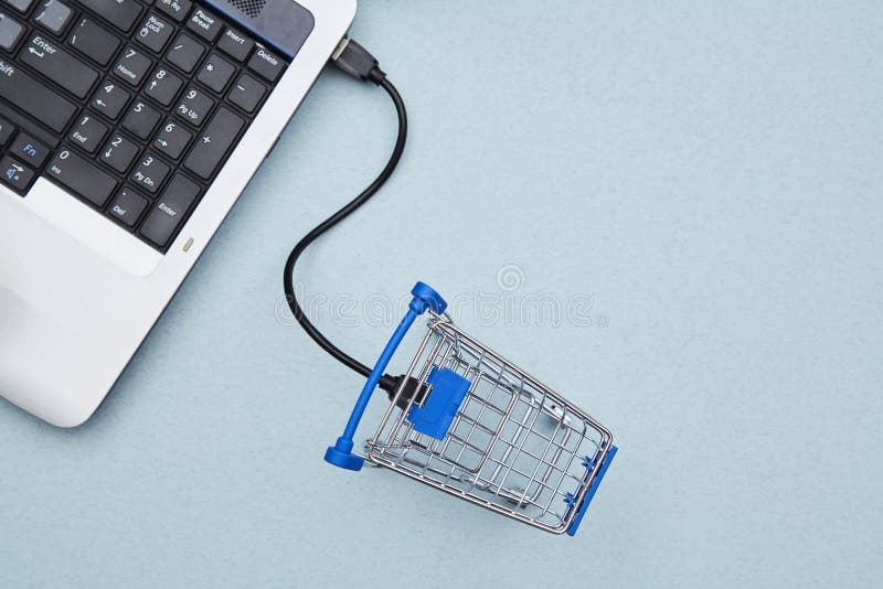 Online Shopping and Delivery. Basket Connected by Cable To the Computer ...