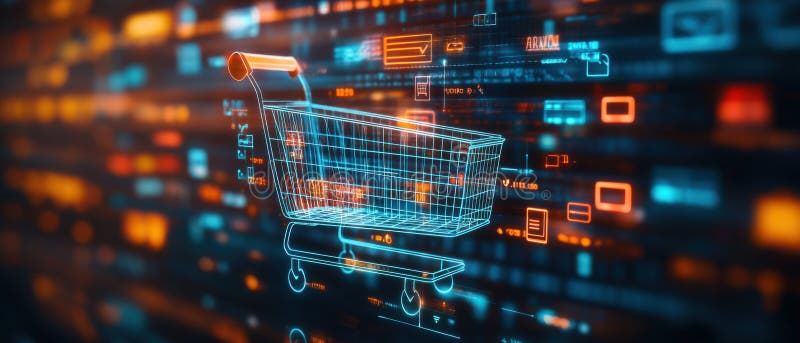 Online Shopping E-commerce, a Holographic Shopping Cart Floats in a ...