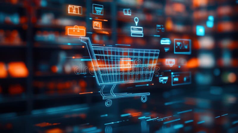 Online Shopping E-commerce, a Holographic Shopping Cart Floats in a ...