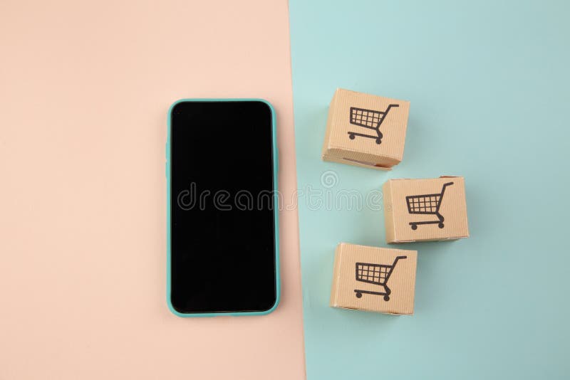 Online Shopping and Ecommerce Via Internet Concept : Boxes Next a ...