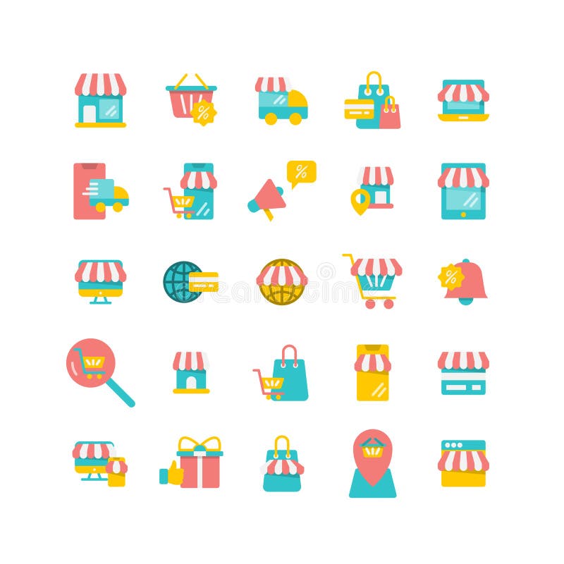 Online Shopping Flat Icon Set. Stock Vector - Illustration of cart ...