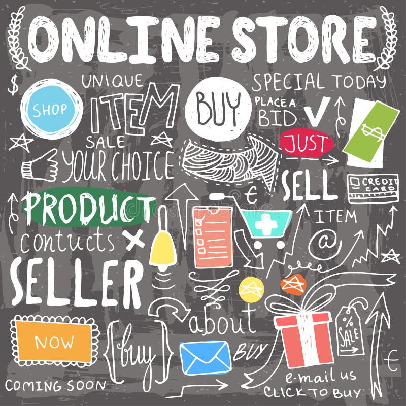 Online Shopping Hand Drawn Doodles Stock Vector - Illustration of ...