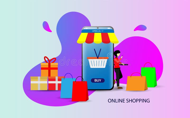 Online Shopping Illustration, People Using Smartphone for Online ...