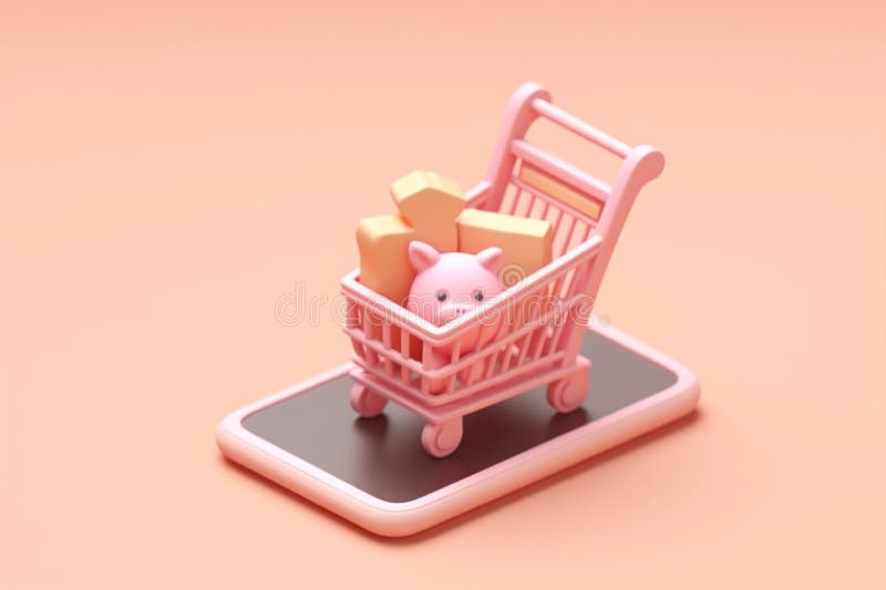 Online Shopping Isometric Concept Shopping Cart and Mobile Tiny 3D ...