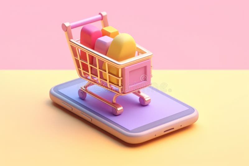 Online Shopping Isometric Concept Shopping Cart and Mobile Tiny 3D ...