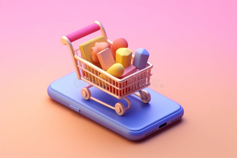 Online Shopping Isometric Concept Shopping Cart and Mobile Tiny 3D ...