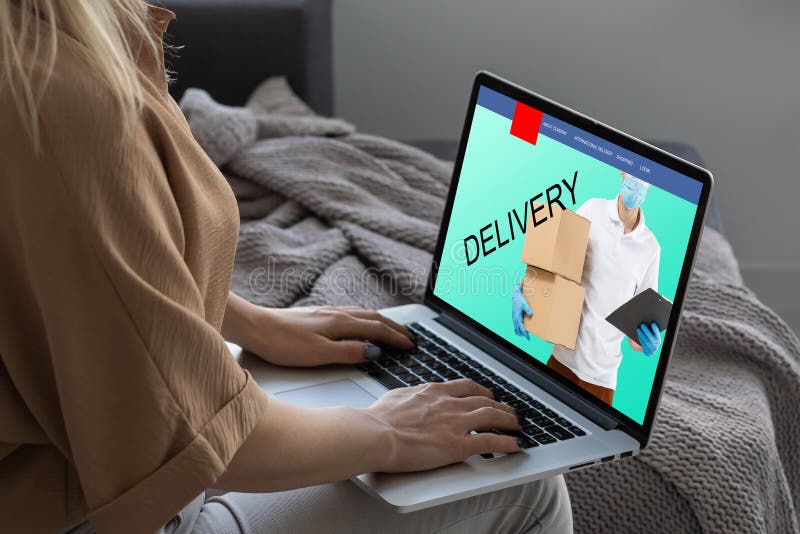 Online Shopping. Laptop with Banner Delivery Stock Photo - Image of ...