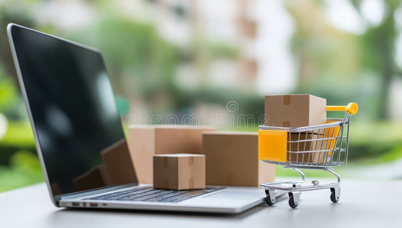 Online Shopping with Laptop Shopping Cart and Cardboard Boxes Stock ...