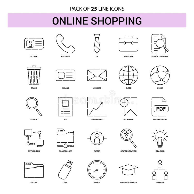 Online Shopping Line Icon Set 25 Dashed Outline Style Stock Vector