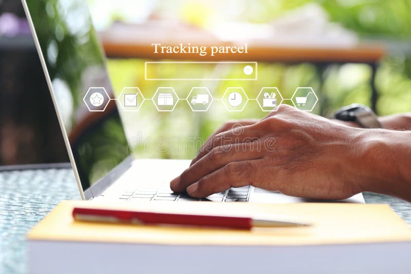 Online Shopping, Man Using Laptop Computer and Tracking Parcel Online ...