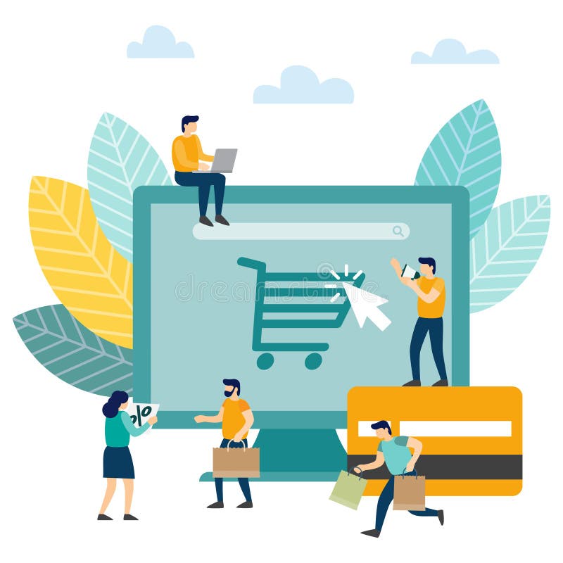 Online Shopping. Small People Buy Things on the Site Stock Vector ...