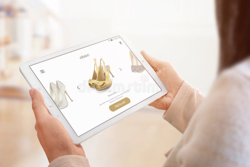 Shopping with Tablet. Woman Buy Red Shoes on Online Market Stock Image ...