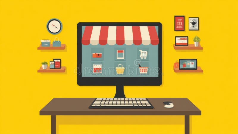 Online Shopping Workspace stock illustration. Illustration of shelves ...