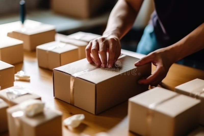 Online Shopping Young Start Small Business in a Cardboard Box at Work ...