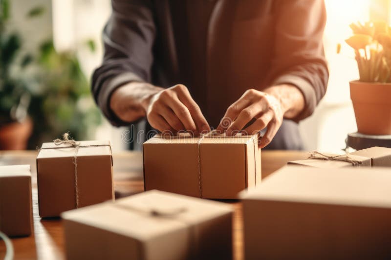 Online Shopping Young Start Small Business in a Cardboard Box at Work ...