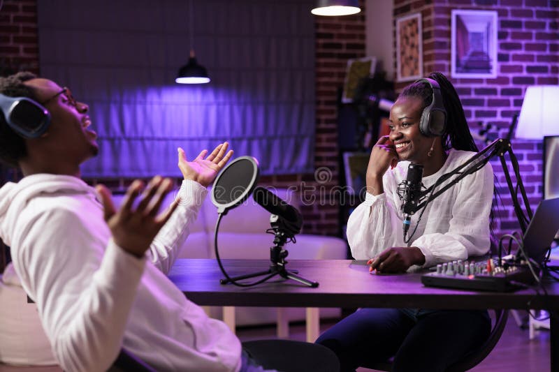 Podcast Host Laughing with Guest Stock Image - Image of internet ...