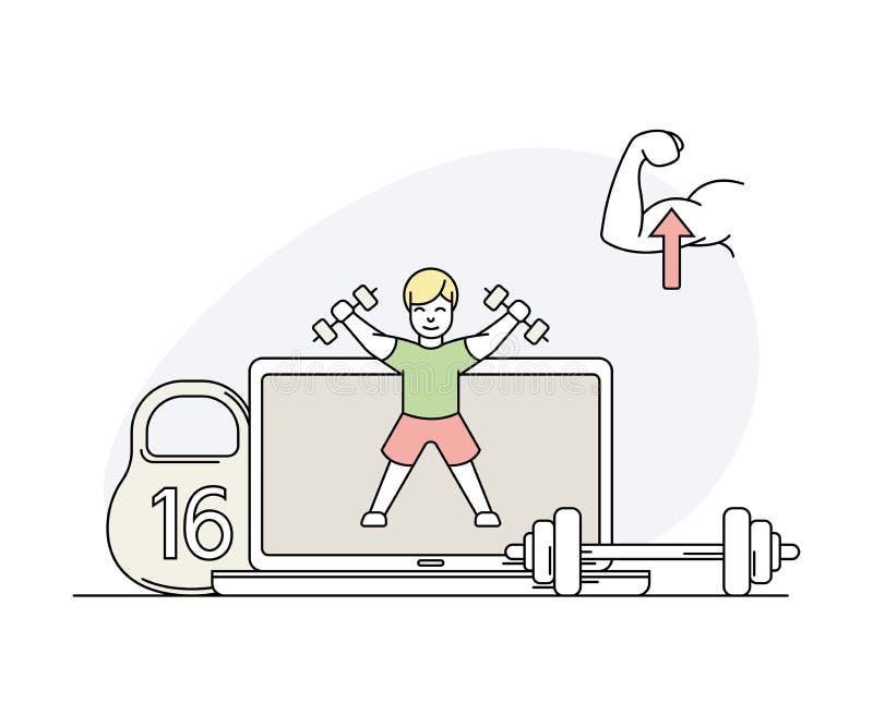 Online Sport and Physical Exercise with Computer Screen and Dumbbell ...