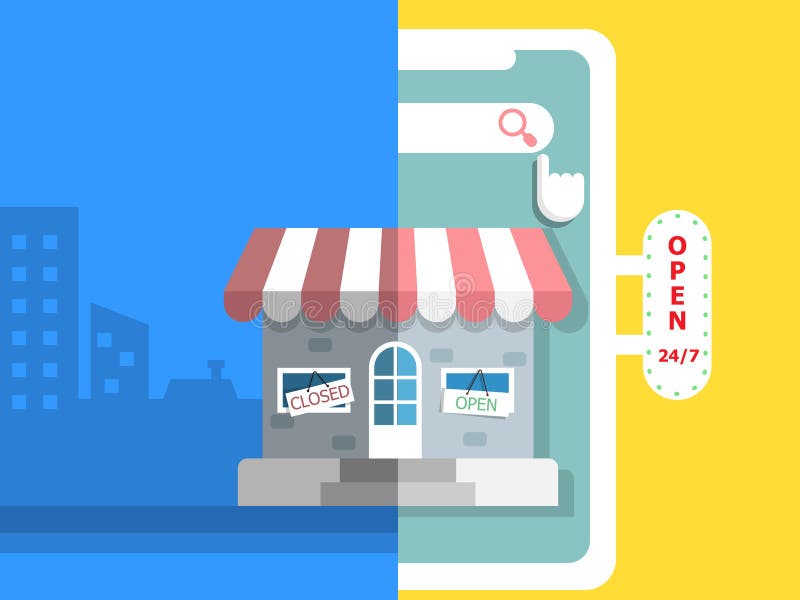 Online Store Open and Local Store Closed Stock Vector - Illustration of ...