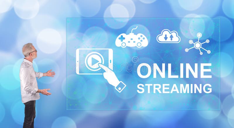 An Online Streaming Concept Explained by a Businessman on a Wall Screen ...