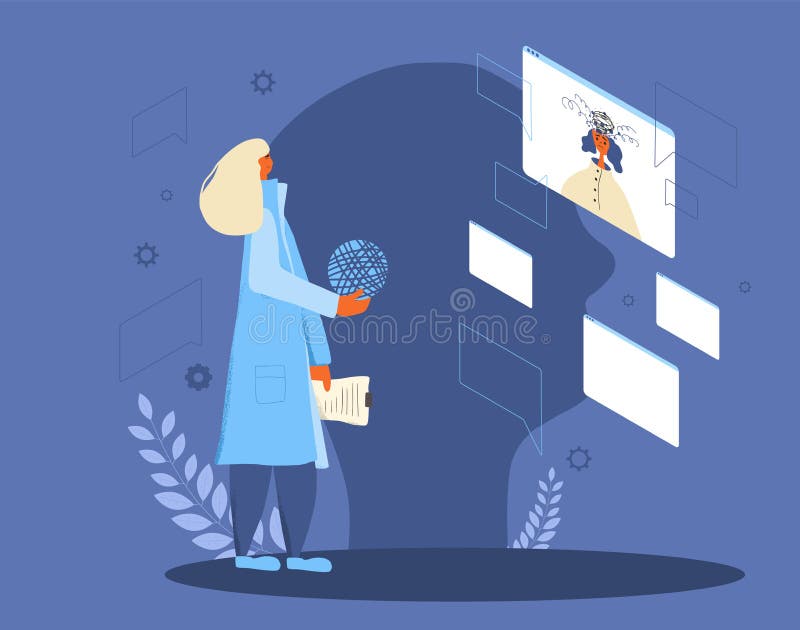 Online Stress Therapy Scene. Psychological Remotehelp. Color Vector ...