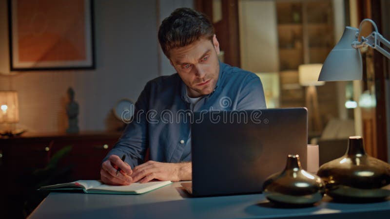 Online Student Studying Night Home Looking Laptop Closeup. Man Making ...