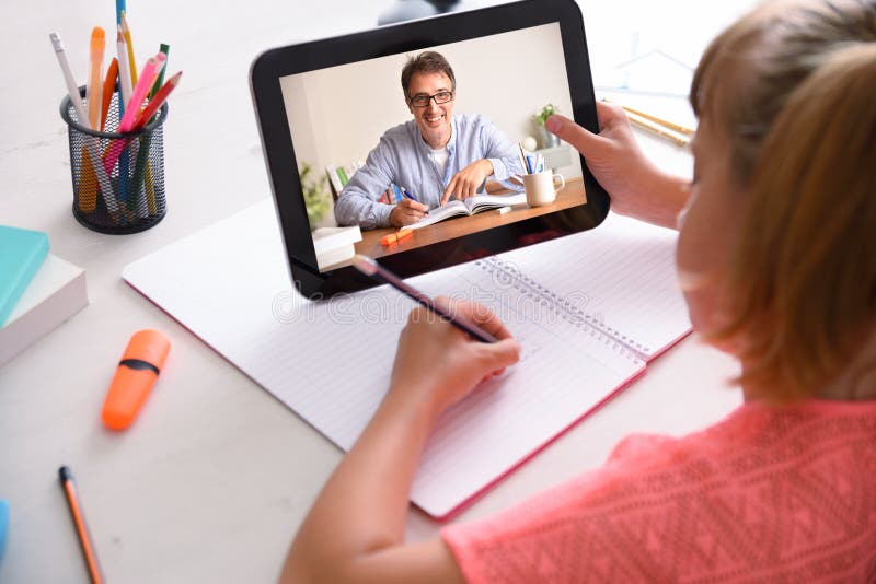 Online Student with Teacher Using Tablet at Home Stock Image - Image of ...