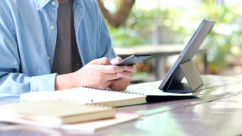 Online Study Class, Man Hand Student Using Mobile Phone and Digital ... Online Study Class, Man Hand Student Using Mobile Phone and Digital ...