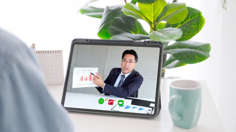 Online Studying Class, Student Man Hand Writing on Notebook while Using ...