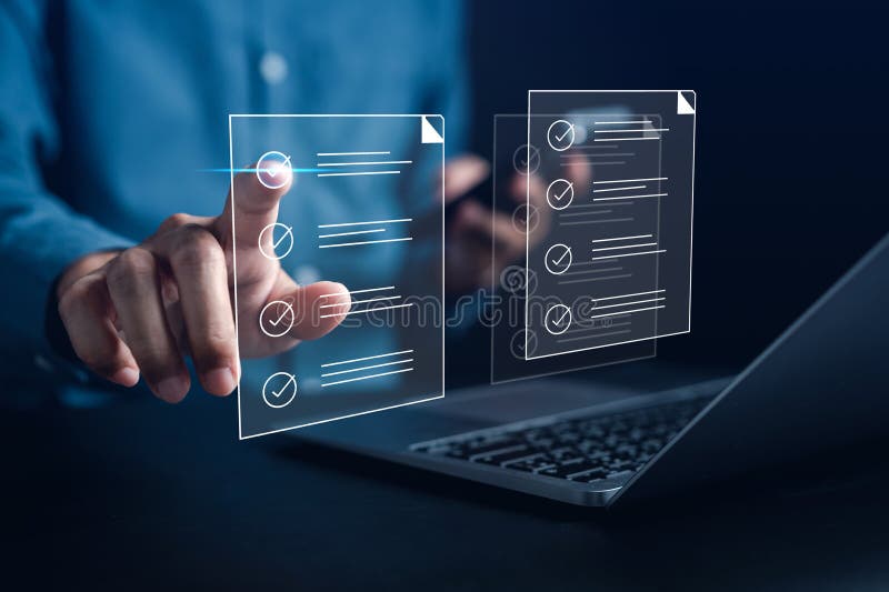Online Survey Filling Out and Digital Form Checklist by Laptop Computer ...