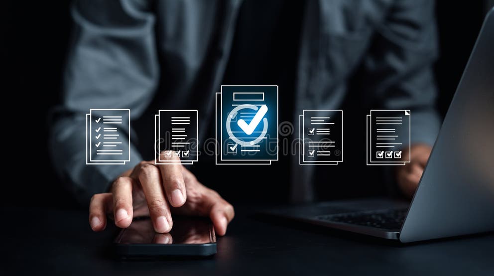 Online Survey Filling Out and Digital Form Checklist by Laptop Computer ...