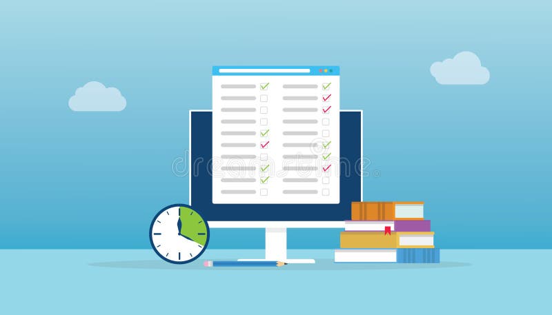 Online Test Concept with Computer and Paper Fill Test and Books with ...