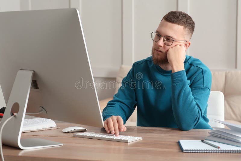 Online Test. Man Studying with Computer at Home Stock Image - Image of ...