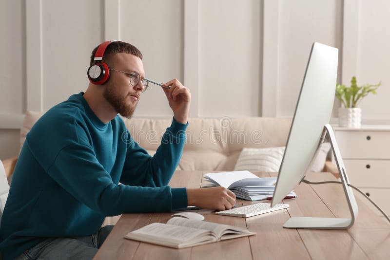 Online Test. Man Studying with Computer at Home Stock Image - Image of ...