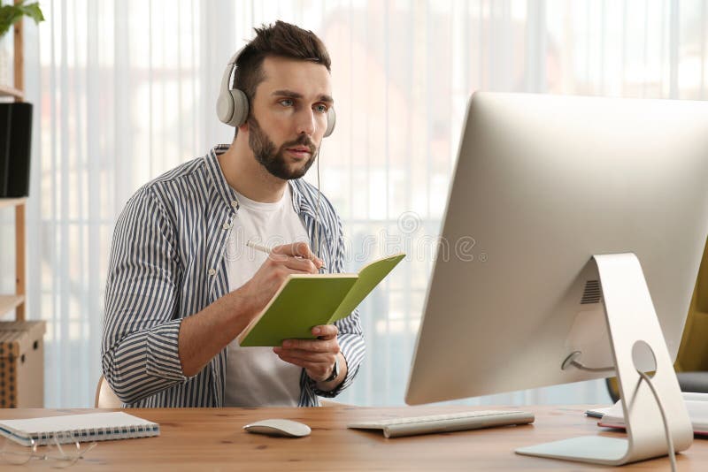 Online Test. Man Studying with Computer at Home Stock Photo - Image of ...