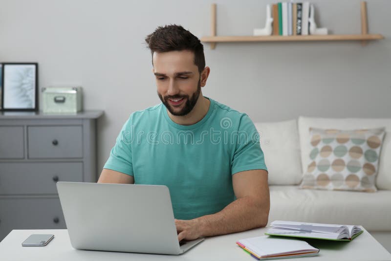 Online Test. Man Studying with Laptop at Home Stock Photo - Image of ...