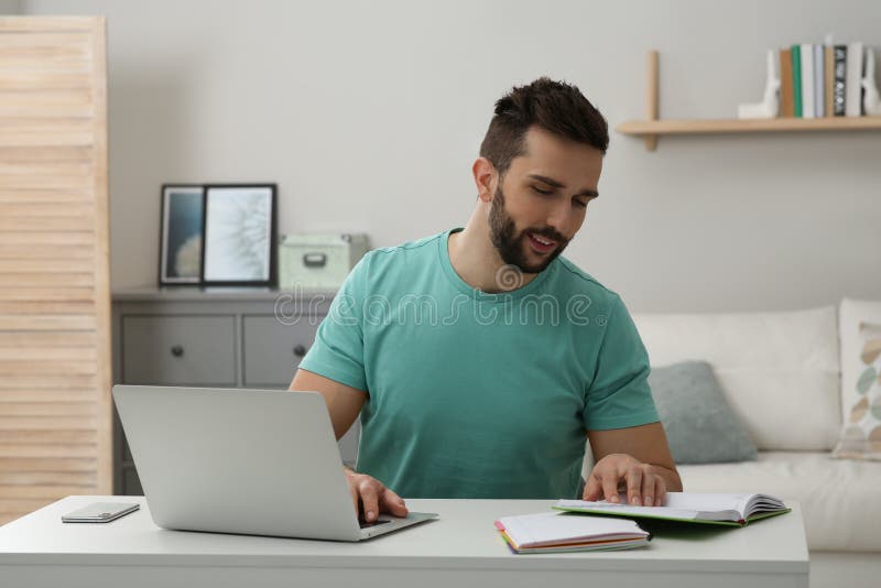 Online Test. Man Studying with Laptop at Home Stock Image - Image of ...