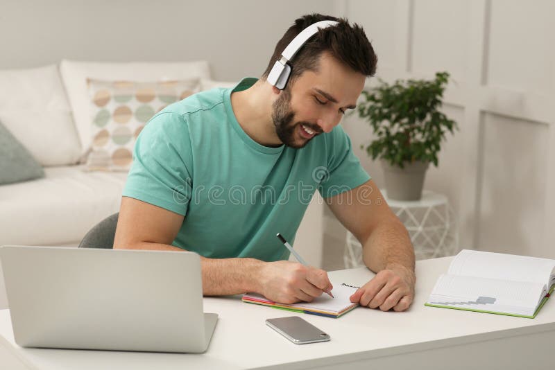 Online Test. Man Studying with Laptop at Home Stock Photo - Image of ...