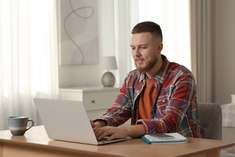 Online Test. Man Studying with Laptop at Home Stock Image - Image of ...