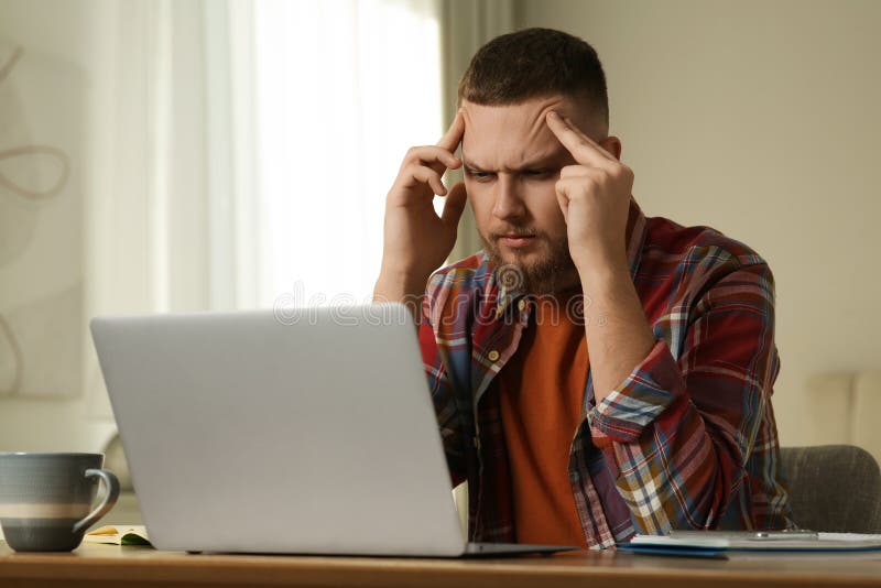 Online Test. Man Studying with Laptop at Home Stock Image - Image of ...
