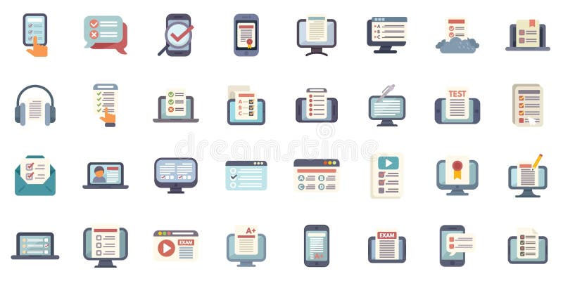 Online Testing and Checking with Electronic Devices Icons Set Stock ...