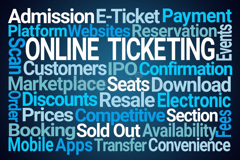 Online Ticketing Word Cloud on Blue Background Stock Illustration ...