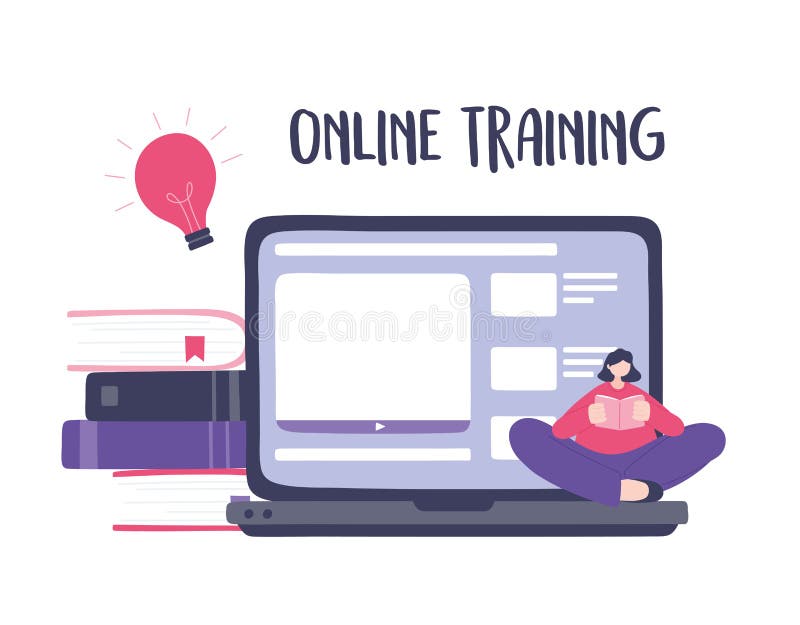 Online Training, Girl Reading Book Sitting on Laptop Content, Courses ...